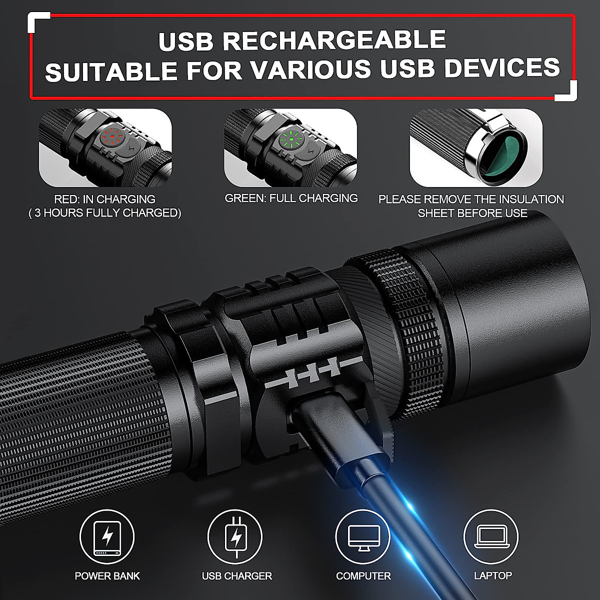 RECHOO Flashlight USB Rechargeable Double Switch S3000L LED Tactical Flashlight High Lumens Super Bright 5 Modes Zoomable Waterproof Flashlight for Camping, Emergency (Battery Included)