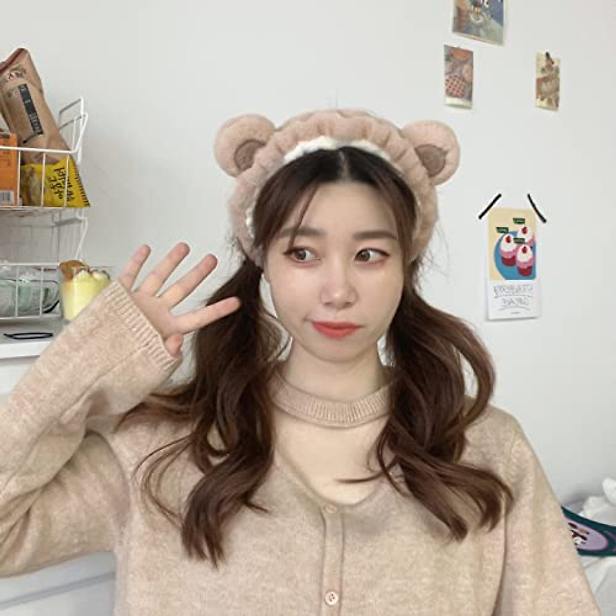 Hofar Hairband, 8 Count Bear-Brown Coral Fleece Hair Accessories with Cute Bear Ears, Practical Headband for Face Makeup, Costume Parties, Women, Girls, Unisex, Adult