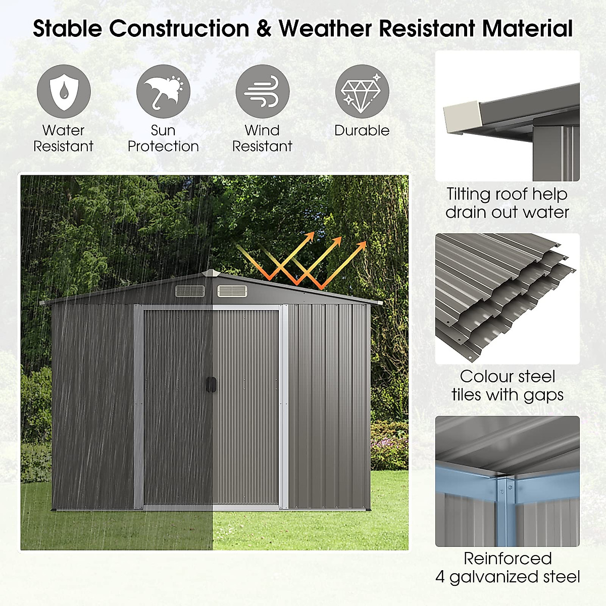Goplus Outdoor Storage Shed, 8.5’ x 6.8’ x 6’ Weather-Resistant Utility Tool Organizer w/Foundation, 4 Louvers, Double Doors & Ramp, Galvanized Steel Tool Shed for Garden, Lawn, Yard