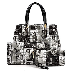 JUNZUP Glossy Magazine Cover Collage Michelle Obama Printed Satchel Bag + Envelope Clutch + Wallet 3pcs Set (Grey/Bk)