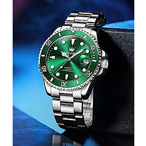 Men Automatic Wirst Watches Self Winding Silver And Green Automatic Watches for Men Mechanical Waterproof Big Face Stainless Steel Date No Battery Watches Man Luminous Submariner Wristwatch Gift
