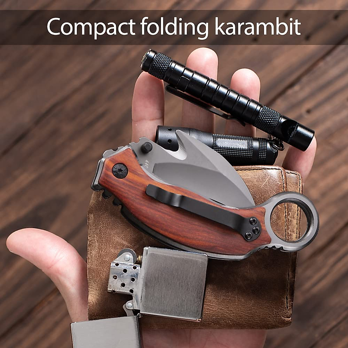 Bundle of 2 Items - Karambit Knife - Karambit Folding Knife - Folding Karambit Knives - CSGO Raptor Claw Knifes Wood Handle with Clip Pocket Krambite - Pocket Knife for Urban Work Hobby Unboxing