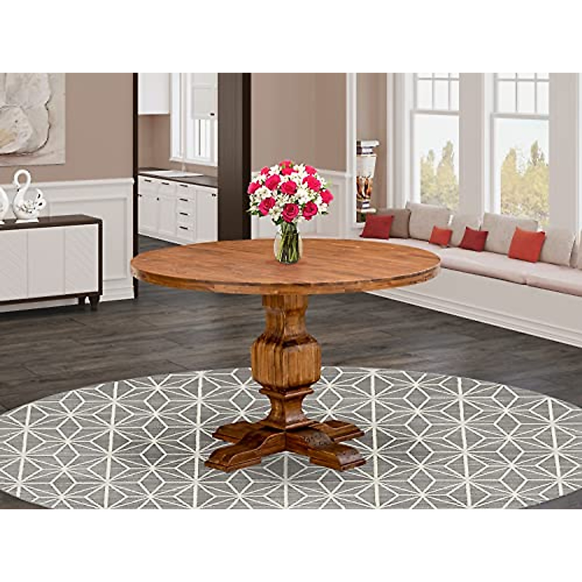 East West Furniture IR3-0N-TP Irving Kitchen Dining Round Wooden Table Top with Pedestal Base, 48x48 Inch, Sandblasting Antique Walnut
