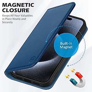 SHIELDON Wallet Case for iPhone 15 Pro Max 6.7", Genuine Leather Wallet Flip Magnetic RFID Blocking Credit Card Slot Kickstand Shockproof TPU Shell Case Compatible with iPhone 15 Pro Max - Royal Blue