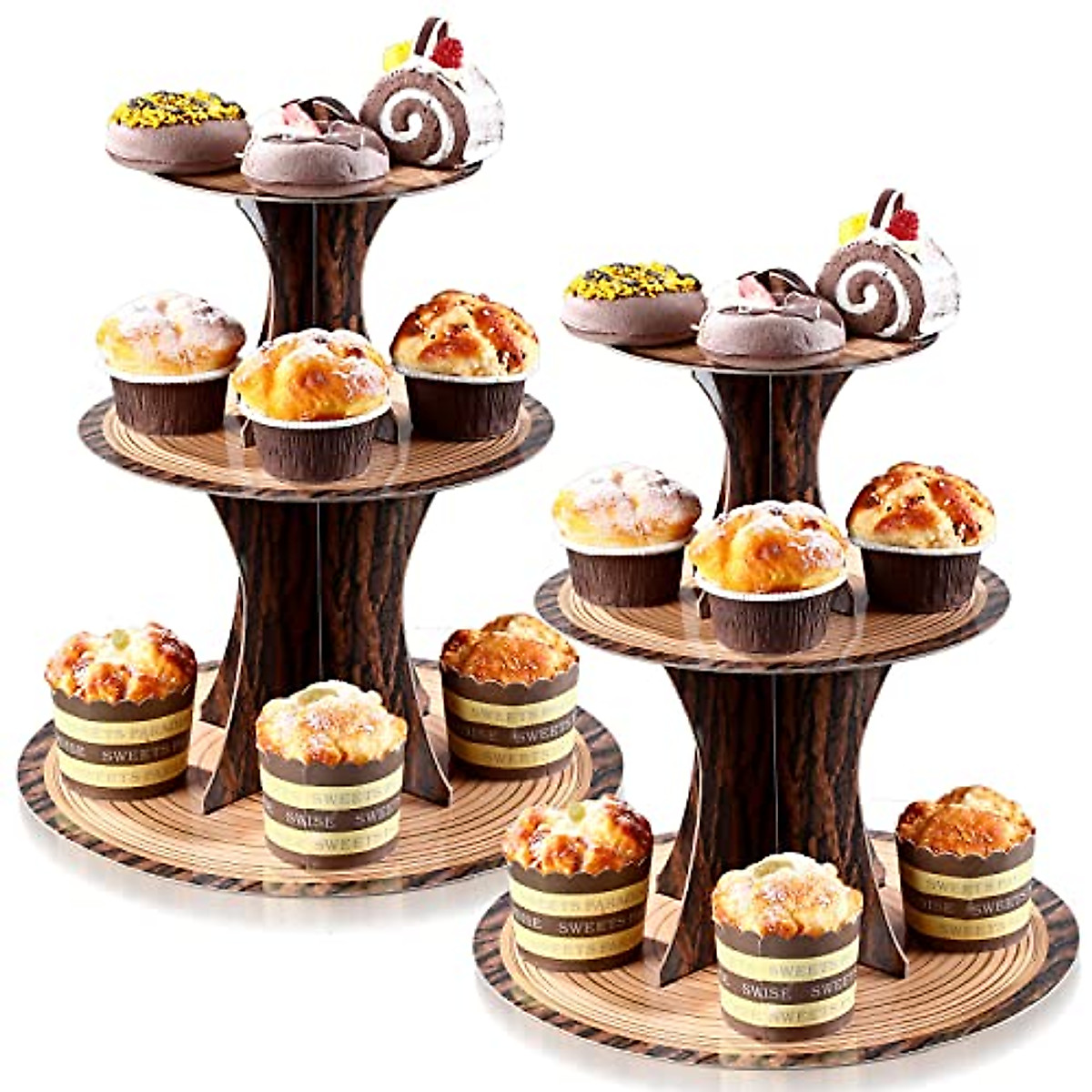 2 Pcs Wood Cupcake Stand, Woodland Baby Shower Decorations Wood Grain Birthday Party Supplies, 3 Tier Cardboard Wooden Cupcake Stand Tower Safari Rustic Jungle Cupcake Stand