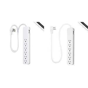 GE 6-Outlet Surge Protector, 3 Ft Extension Cord, Power Strip, 840 Joules, Flat Plug, UL Listed, White, 62688 & GE Pro 6-Outlet Surge Protector, 2 Ft Extension Cord, Flat Plug, White, 40532