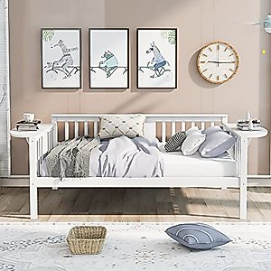 UBGO Full Daybed, Wood Size Sofa Bed with 2 Folding Tables, Children's Cot, Bedroom Living Room Furniture, Wooden Slat Support, Box Required, White C