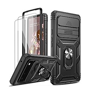 LeYi for Google Pixel 6 Case: Phone Case for Pixel 6 with Slide Camera Cover + [2 Packs] Tempered Glass Screen Protector, Full Body Military-Grade Heavy Duty Shockproof Ring Holder Stand Case: Black