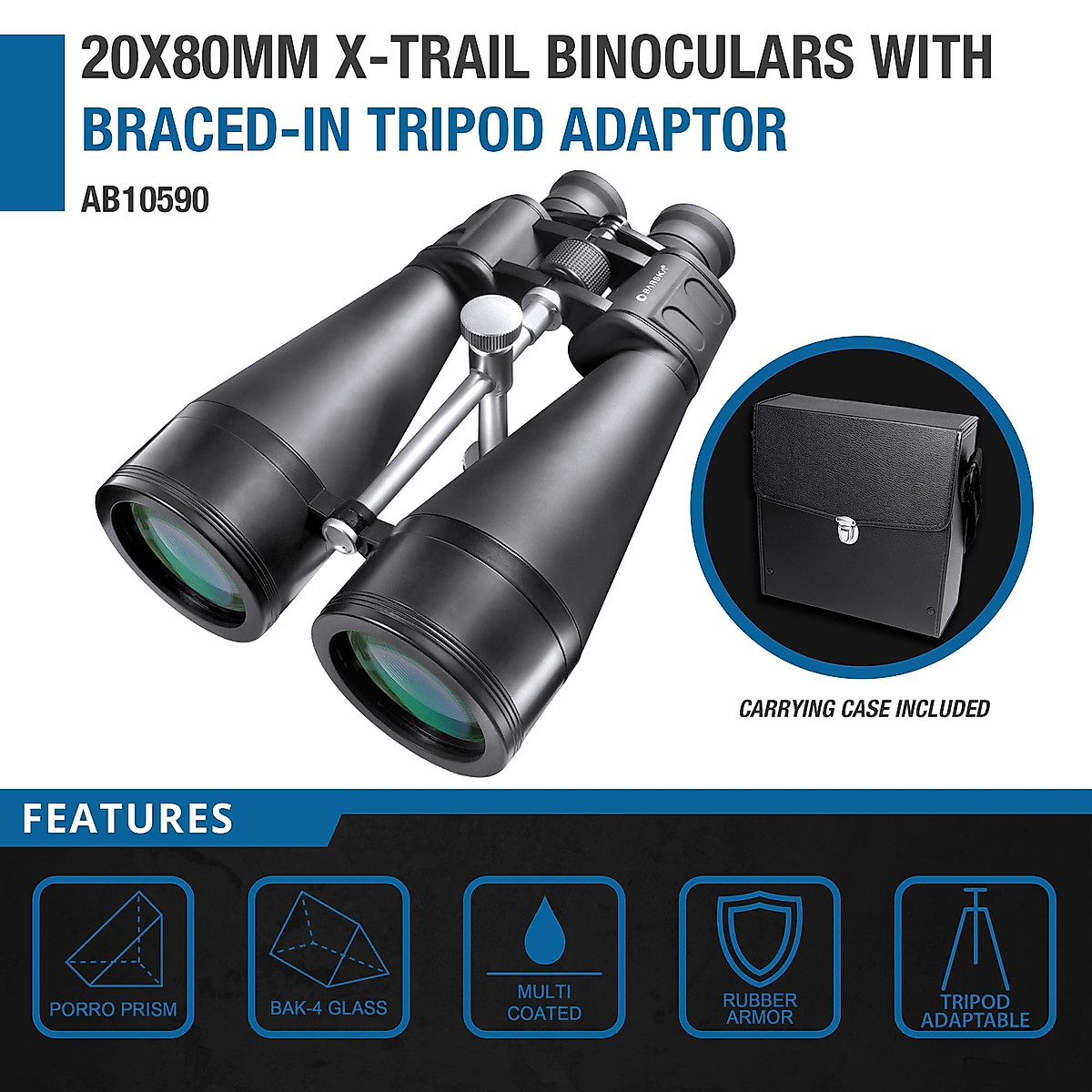 BARSKA X-Trail 20x80 Binocular with Braced-in Tripod Adapter , Black