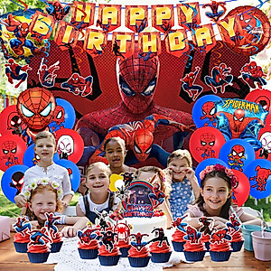 Birthday Party Supplies,Spider Theme Style Party Decorations Include Happy Birthday Banner,Backdrop,Tablecover,Cake Toppers,Cupcake Toppers,Spiral Charms and Latex Balloons Set