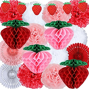 24PCS Strawberry Party Decorations Set Strawberry Honeycomb Balls Fans Lantern Tissue Pom Poms Garland Hanging Swirl Red Pink Banner Girl Baby Shower Bridal Berry First Birthday Decor Supplies