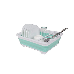 J&V TEXTILES Collapsible Dish Drying Rack - Popup for Easy Storage, Drain Water Directly into The Sink, Room for Eight Large Plates, Sectional Cutlery and Utensil Compartment, Compact (Blue)
