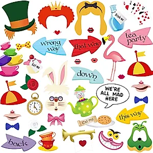 Alice in Wonderland Photo Booth Props, 40pcs Alice in Wonderland Props, Alice in Wonderland Party Decorations by Tvorvik, Mad Hatter Tea Party Decorations for Tea Party, Alice in Wonderland Party