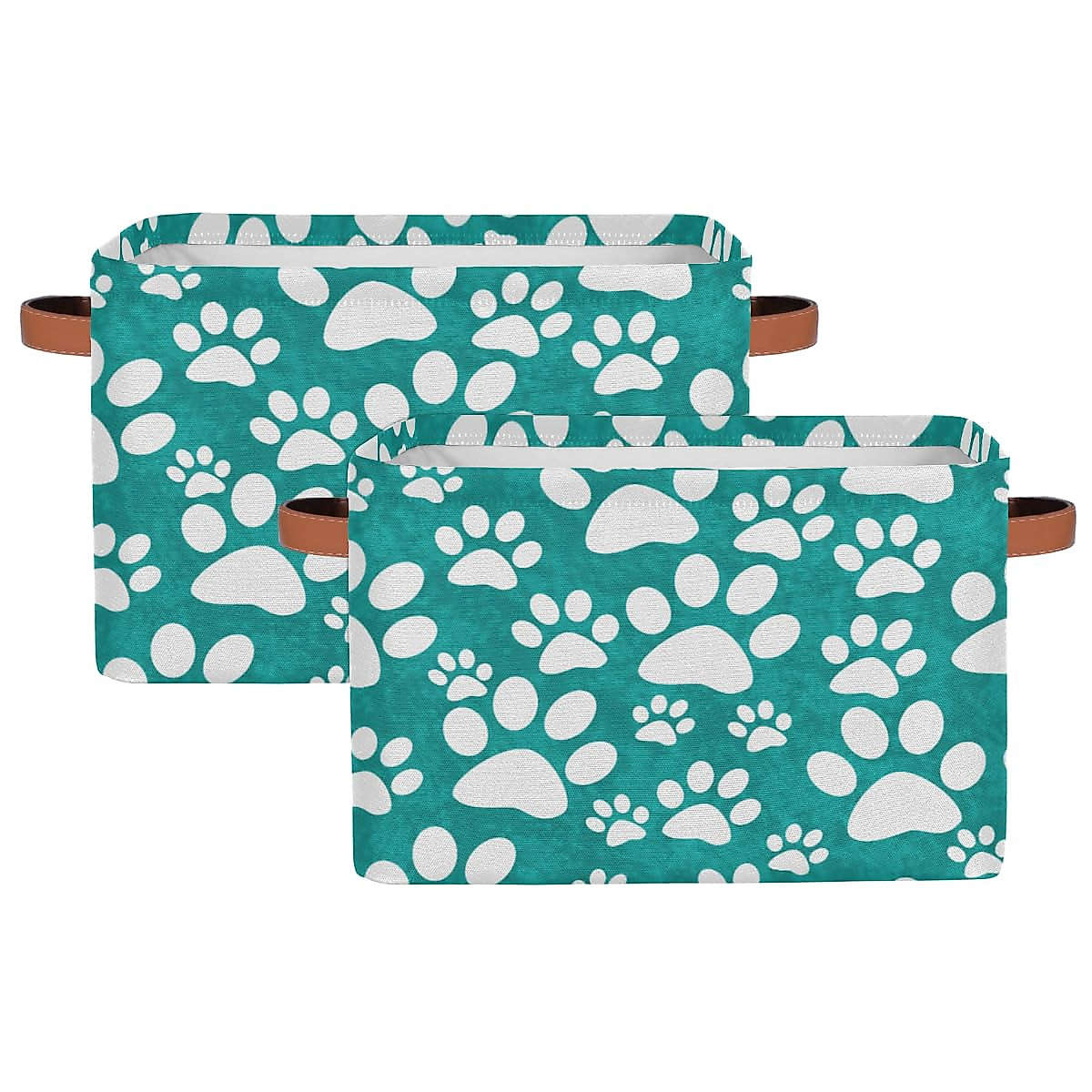 Teal and White Dog Paw Foldable Storage Basket Bin Large Fabric Kids Toys Storage Cube Box with Handles Collapsible Closet Shelf Cloth Organizer Basket for Nursery Bedroom Shelves Laundry