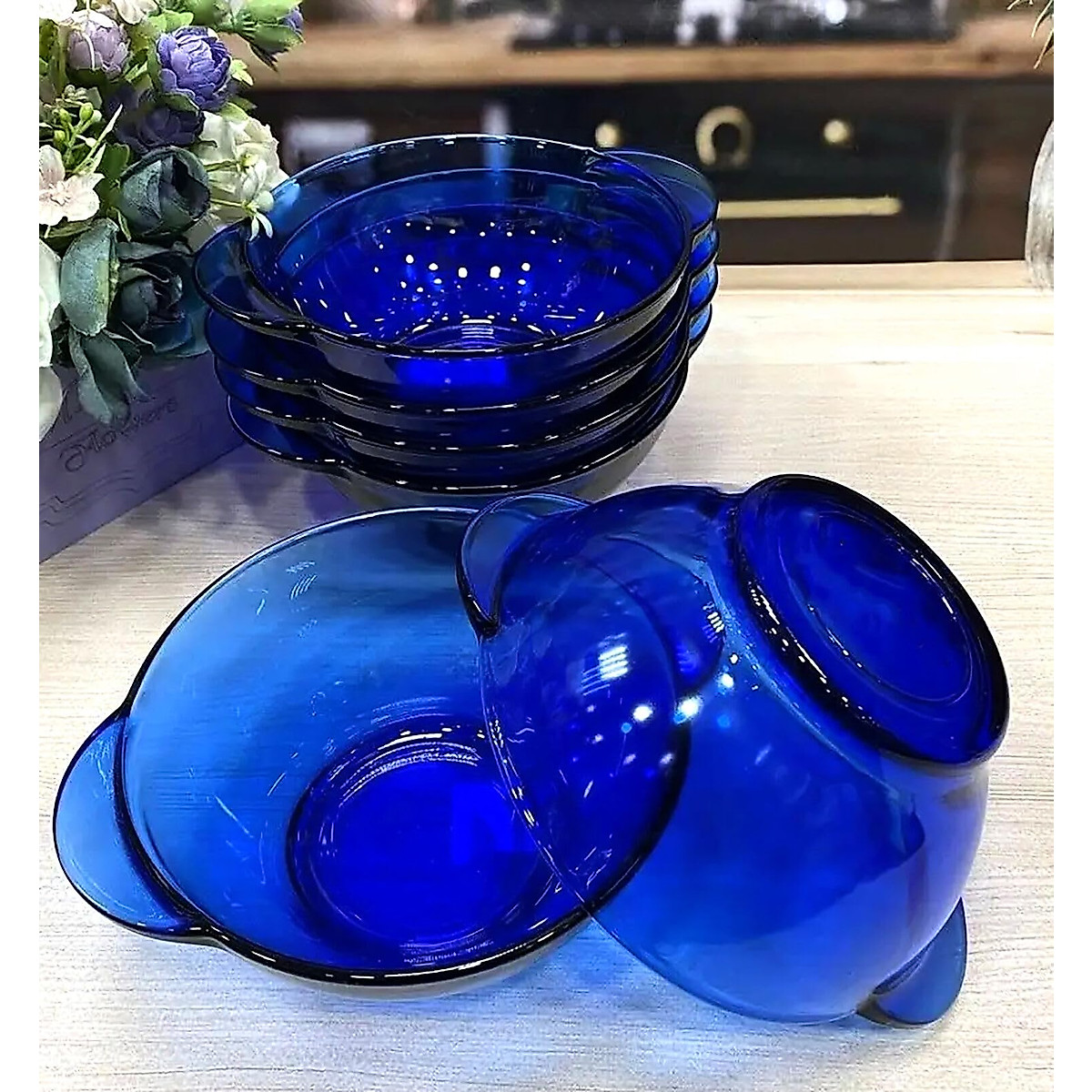 STP GOODS Glass Dinner Plates - Set of 4, Blue Cobalt Transparent Glass Eating Plates, Circular Glass Dinnerware for Salad, Bread, Dinner (15 Oz Glass Dessert Cup Set, Set of 4)