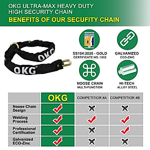 OKG Security Chain - 3.6 ft x 0.36" (9mm) Heavy Duty Chain - Special Hardened Alloy Steel Cut Proof Chain - Premium Anti Theft Garage Chain, E-Bike Chain, Motorcycle Lock Chain, Fence Gate Chain, etc.
