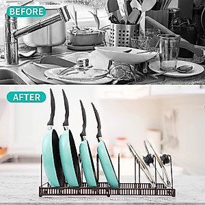 Drengdrau Expandable Pots and Pans Organizer Rack, Adjustable Pot Lid Organizer Holder, Cutting Board Organizer with 10 Dividers for Kitchen Counter Cabinet Bakeware Organizer, Bronze