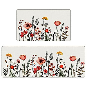 Serwrsw Colorful Flower Fern Kitchen Mats 2 Piece for Floor, Multi Colored Floral Kitchen Rugs Sets of 2, Non Slip Washable, 17"x47"+17"x29", Off White
