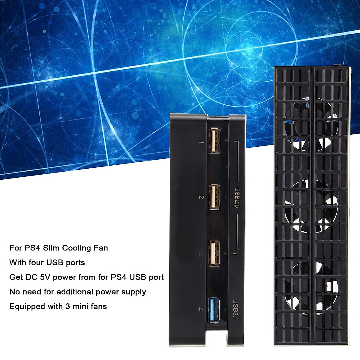 for PS4 Slim Cooling Fan with hub, Game Console Automatic Intelligent Cooling Fan & 4 Port USB Hub for PS4 Slim Gaming Console Host