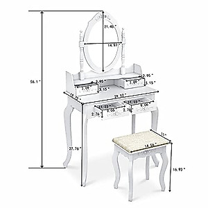 JXMS Makeup Mirror Desk Chair 3Pc Vanity Desk Set Makeup Storage Organizer Computer Desk Dresser with Cushioned Stool for Bedroom Swivel Mirror Modern Vanity 4 Drawers -White Without Lights