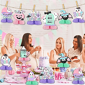 A Baby is Brewing Halloween Baby Shower Decorations - 8 pack Halloween Honeycomb Centerpiece, Pink and Purple Pastel Halloween A Little Boo is Almost Due Baby Shower Decorations for Girl