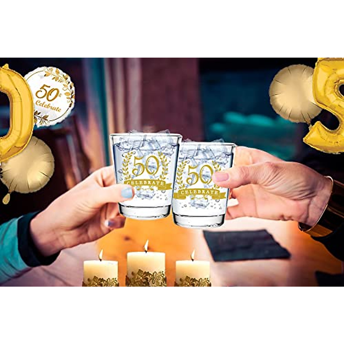 BISYATA 50th Birthday Gift or Birthday Decoration for Women Men - 50 Celebrate - 50th Shot Glass Set of 2-50th Gold Anniversary Decoration or Gift - 2oz - With Gift Box