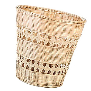 Hemoton Shelf Woven Rubbish Basket Round Bamboo Waste Basket Rattan Trash Can Straw Storage Baskets Wooden Garbage Can Decorative Laundry Hamper Flower Basket Vase Woven Wastebasket Office Decor