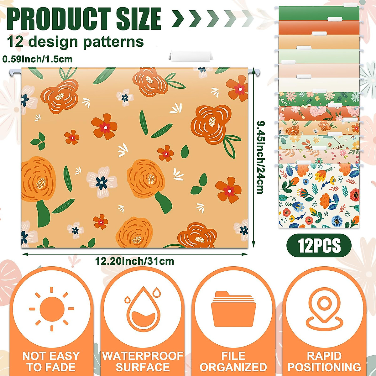 Qeeenar Decorative Floral File Folders, Letter Size, 12 Pieces, with Removable Labels and Adjustable Tabs