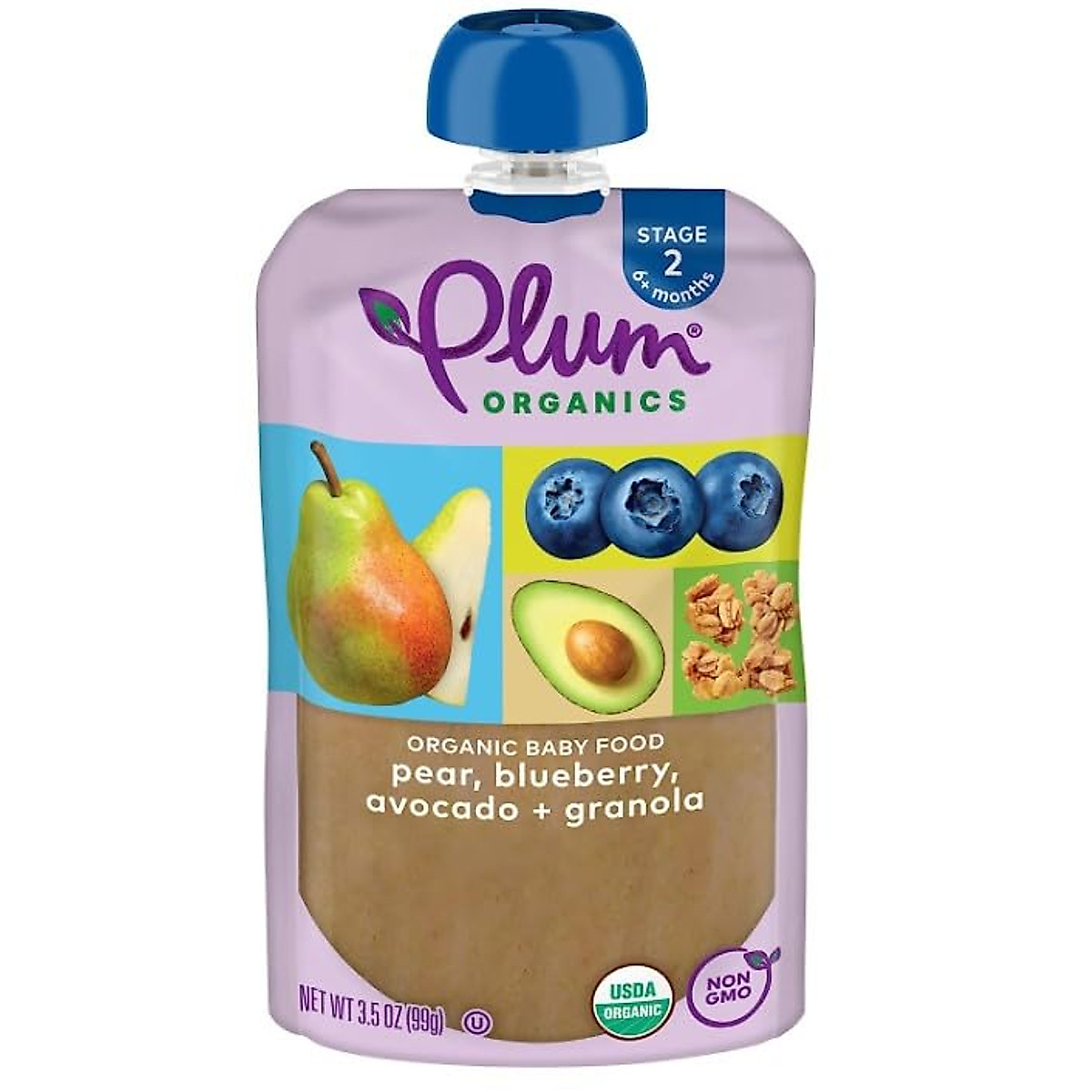 Plum Organics | Stage 2 | Organic Baby Food Meals [6+ Months] | Pear, Blueberry, Avocado & Granola | 3.5 Ounce Pouch (Pack Of 6) Packaging May Vary