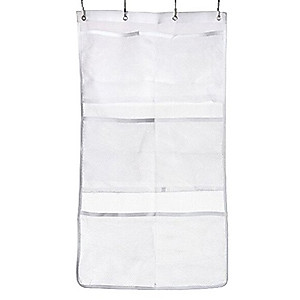 Mesh Shower Organizer Hanging, 6 Pockets Bath Shower Caddy Organizer Hanging Bathroom Shower Curtain Rod Accessories 4 Rings, Quick Dry