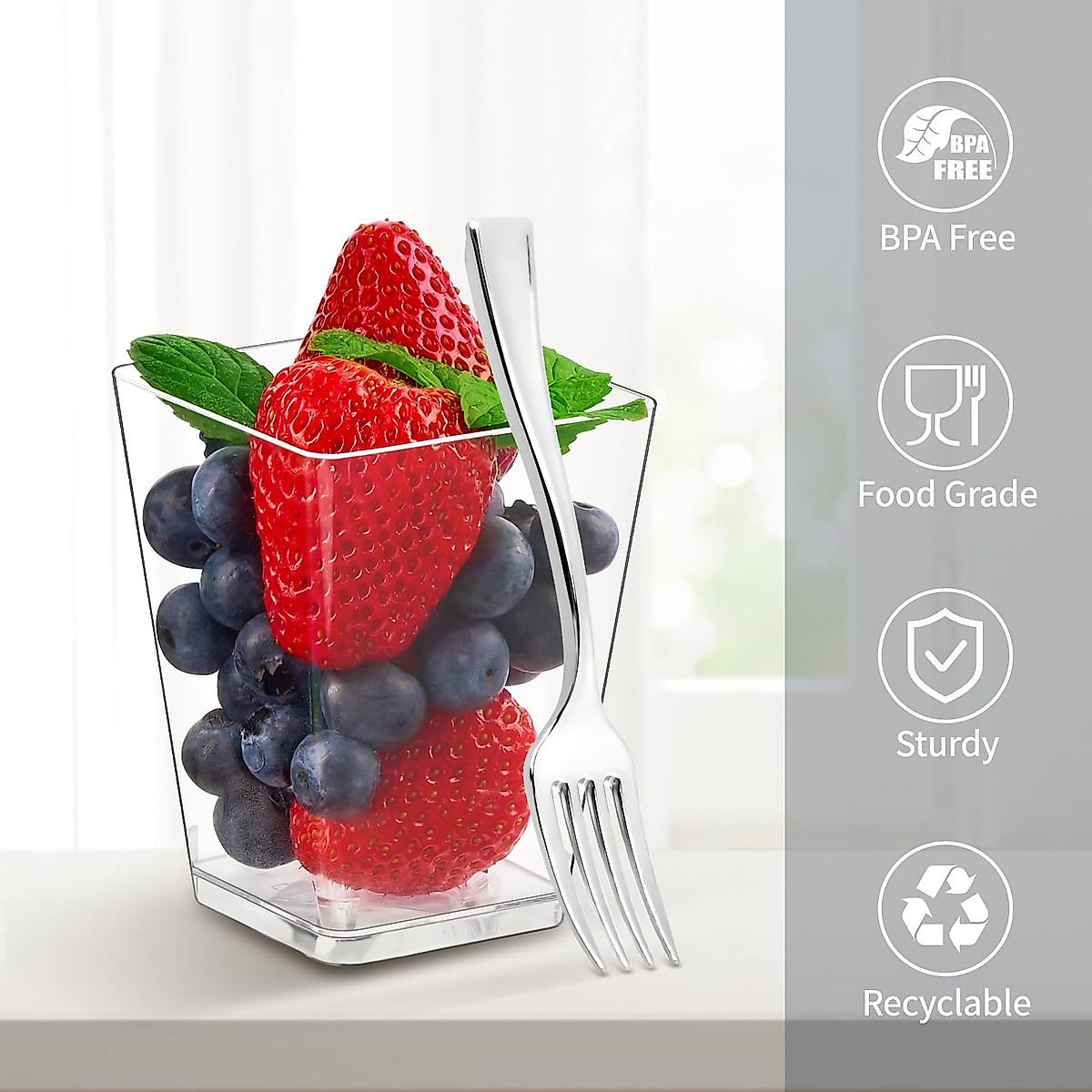 Kucoele 100 Pack Silver Mini Plastic Forks, 4 Inches Disposable Small Appetizer Forks Tiny Tasting Forks for Desserts, Strawberries, Charcuterie, Cake Pops, Cocktails, Fruits