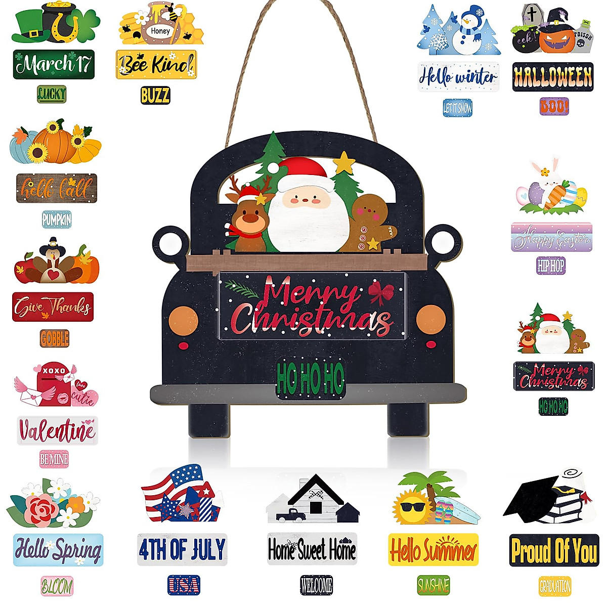 Interchangeable Welcome Sign Farmhouse Seasonal Truck Welcome Sign Interchangeable Holiday Decor and 45 Pcs Rustic Holiday Icons Hanging Truck Door Hanger for Front Door Home Porch Spring Decorations