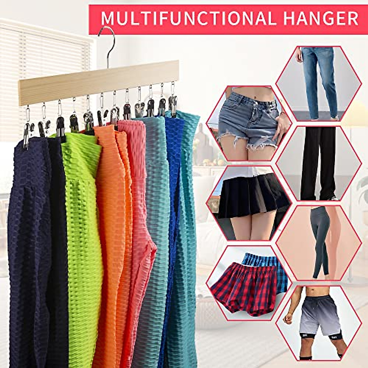 2 Pack Legging Organizer for Closet, Wooden Pants Hangers Leggings Hanger Space Saving with 24 Rubber Coated Clips, Multi Purpose Clothes Storage Organizer for Skirts Shorts Trouser Jeans, Natural
