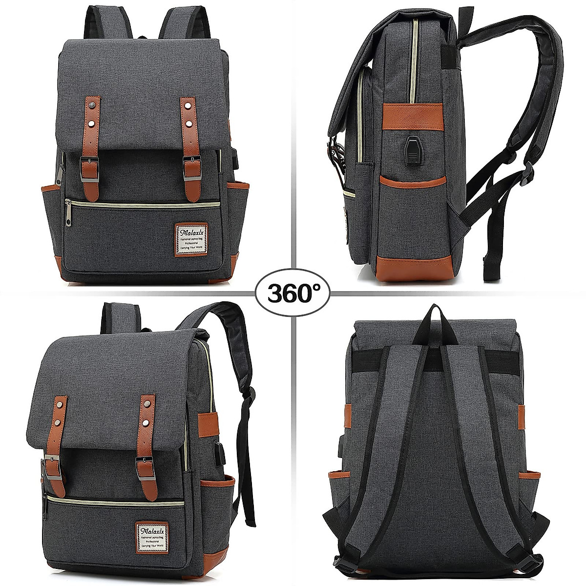 Malaxlx Black Vintage Bookbag for Teen Girls Student, High School USB Laptop Backpack for Women