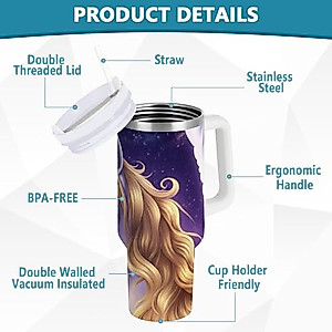 Beautiful Unicorn Horse Stainless Steel Tumblers with Straw and Handle for Water, Insulated Water Bottle 30 OZ / 0.89 L