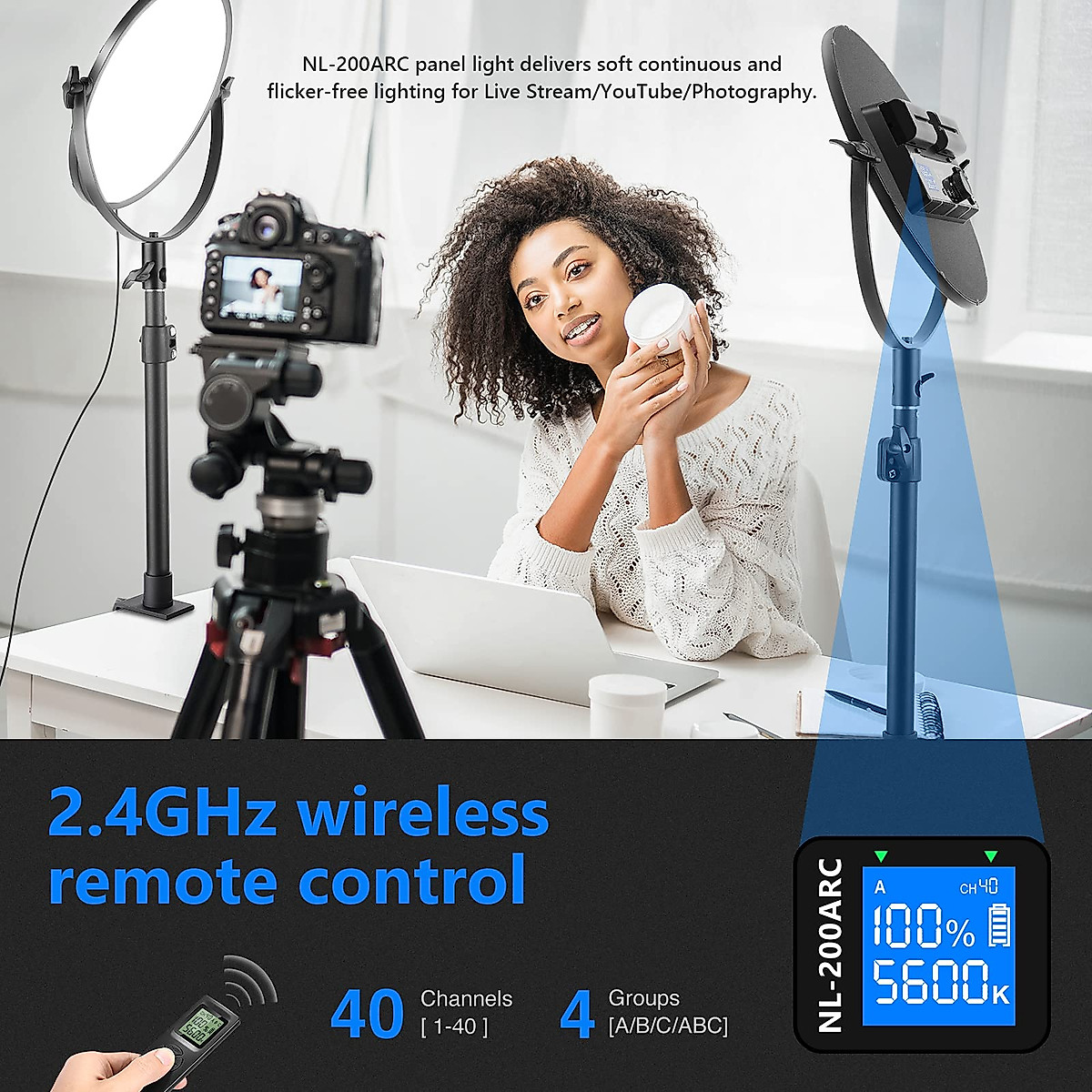 Neewer Desk Mount Round LED Video Light with C-Clamp Stand and 2.4G Wireless Remote, 2-Pack 10.6-inch 30W 3200K-5600K Dimmable Bi-Color Soft Light Panel CRI97+ for Game/Live Streaming/Video Conference