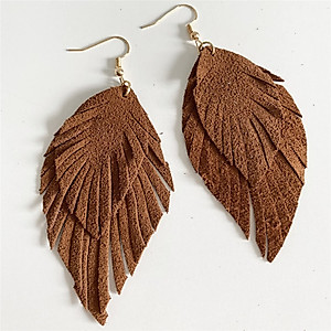 JIUIQL Handmade Bohemian Large Soft Genuine Leather Fringe Double Feather Lightweight Color PU Leaf Drop Dangle Earrings for Women Fashion Jewelry Gifts (Brown)