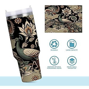 Maunzc 30 oz Tumbler with Handle and Straw, Insulated Stainless Steel Travel Mug with Lid for Coffee, Iced Tea, Water, Gift for Men Women (Peacock Paisley Textile)