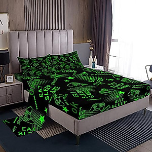 Teen Gaming Bed Sheets Gamepad Game Geometric Pattern Sheet Set for Kids Boys Girls Green Decor Bed Set Eat Sleep Play Gaming Sheets Room 4Pcs Full Size