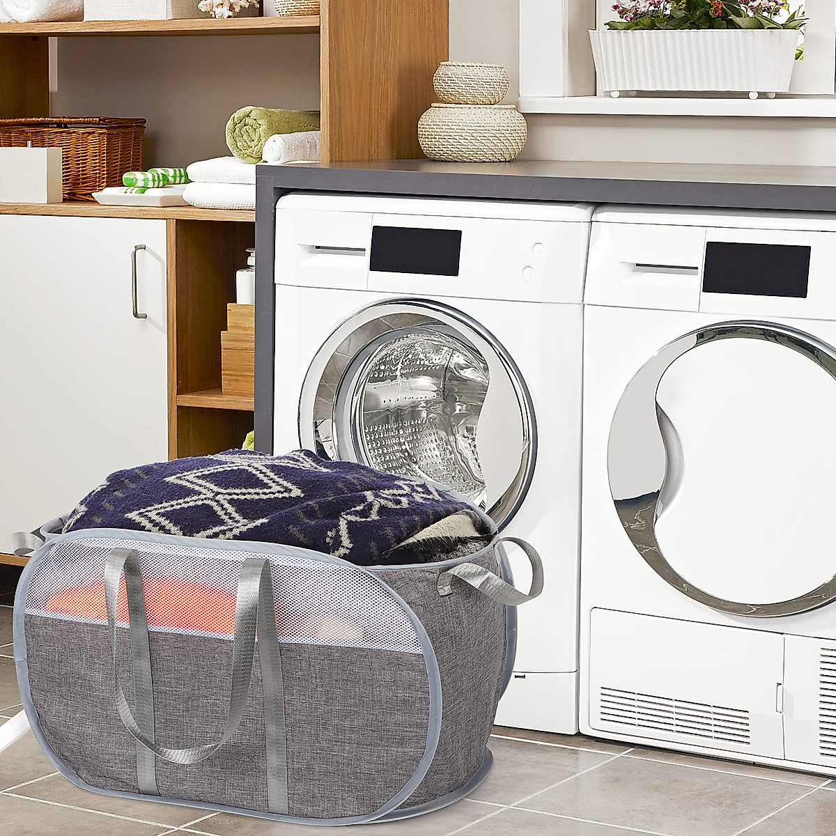 Ceuku 65L Collapsible Laundry Basket 2 Pcs Pop Up Laundry Hampers with 4 Reinforced Carry Handles, Foldable Laundry Basket for Clothes, Toys, Easy to Carry and Go Up or Down Stairs Mesh Laundry Basket