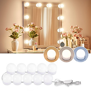 LED Vanity Lights For Mirror, Consciot Hollywood Style With 10 Dimmable Bulbs, Adjustable Color & Brightness, USB Cable, Lights Stick on for Makeup Table Dressing Room Mirror