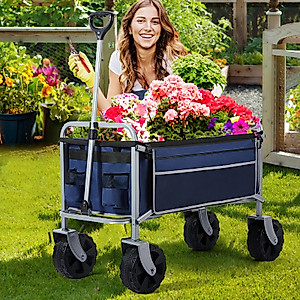 Kuznap All Terrain Wheels Collapsible Wagon, 225pound Capacity Heavy Duty Utility Folding Wagon, Portable Garden Beach Cart with Side Bags and Drink Holders