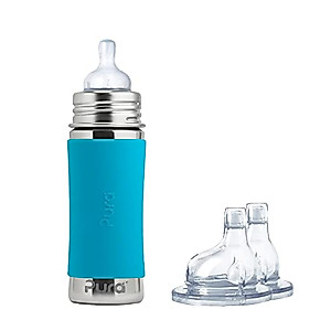 Pura Bundle - Kiki 11oz Infant Bottle & XL Sipper Spout - 100% Plastic-Free, MadeSafe Certified, 100% Medical-Grade Silicone for Kids, Toddlers, Preschoolers, Babies & Infant - Aqua