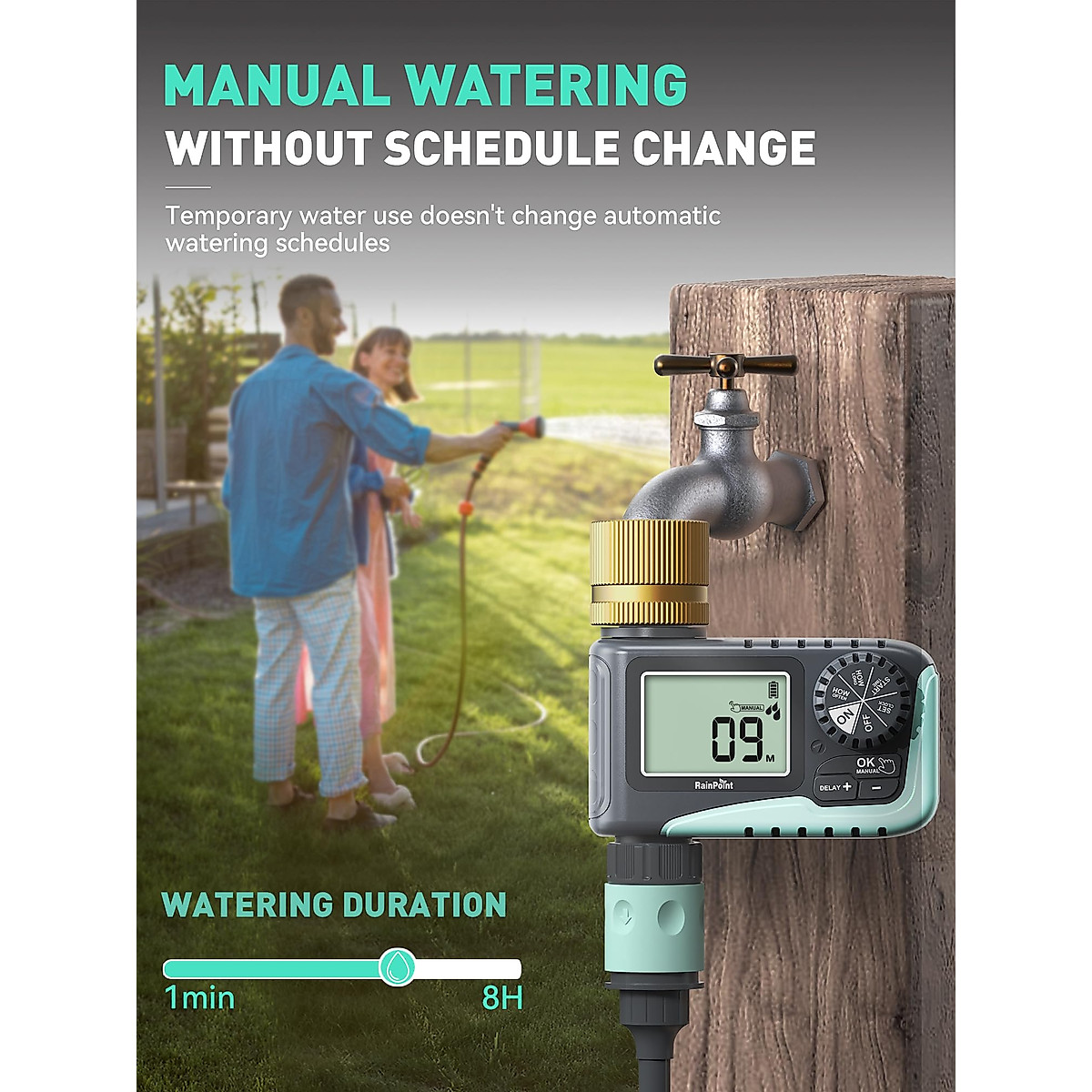 RAINPOINT Sprinkler Timer with Brass Swivel, Water Timer for Garden Hose, Programmable Hose Timer with Rain Delay/Manual Watering, Digital Irrigation Timer System for Lawns, 1 Outlet