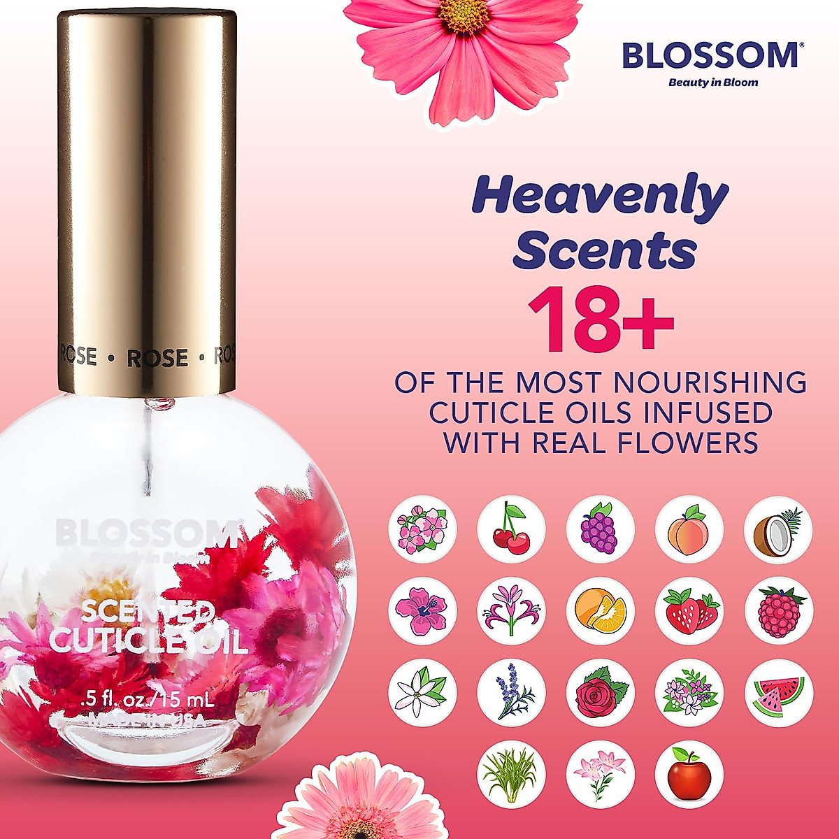 Blossom Hydrating, Moisturizing, Strengthening, Scented Cuticle Oil, Infused with Real Flowers, Made in USA, 0.5 fl. oz, Rose