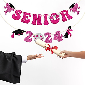 Senior 2024 Banner, Pre-strung Graduation Banner for Girls, 2024 Congrats Grad Party Decorations, Music High School College Graduation Bunting Sign, Pink Glitter