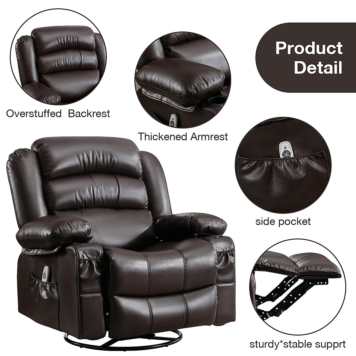 Etsaleruo Massage Swivel Rocker Recliner Chair, PU Leather Living Room Lounge Chair with Vibrating Massage and Heat, Multifunctional Lazy Sofa with Side Pockets 2 Cup Holders USB Charge Port, Brown