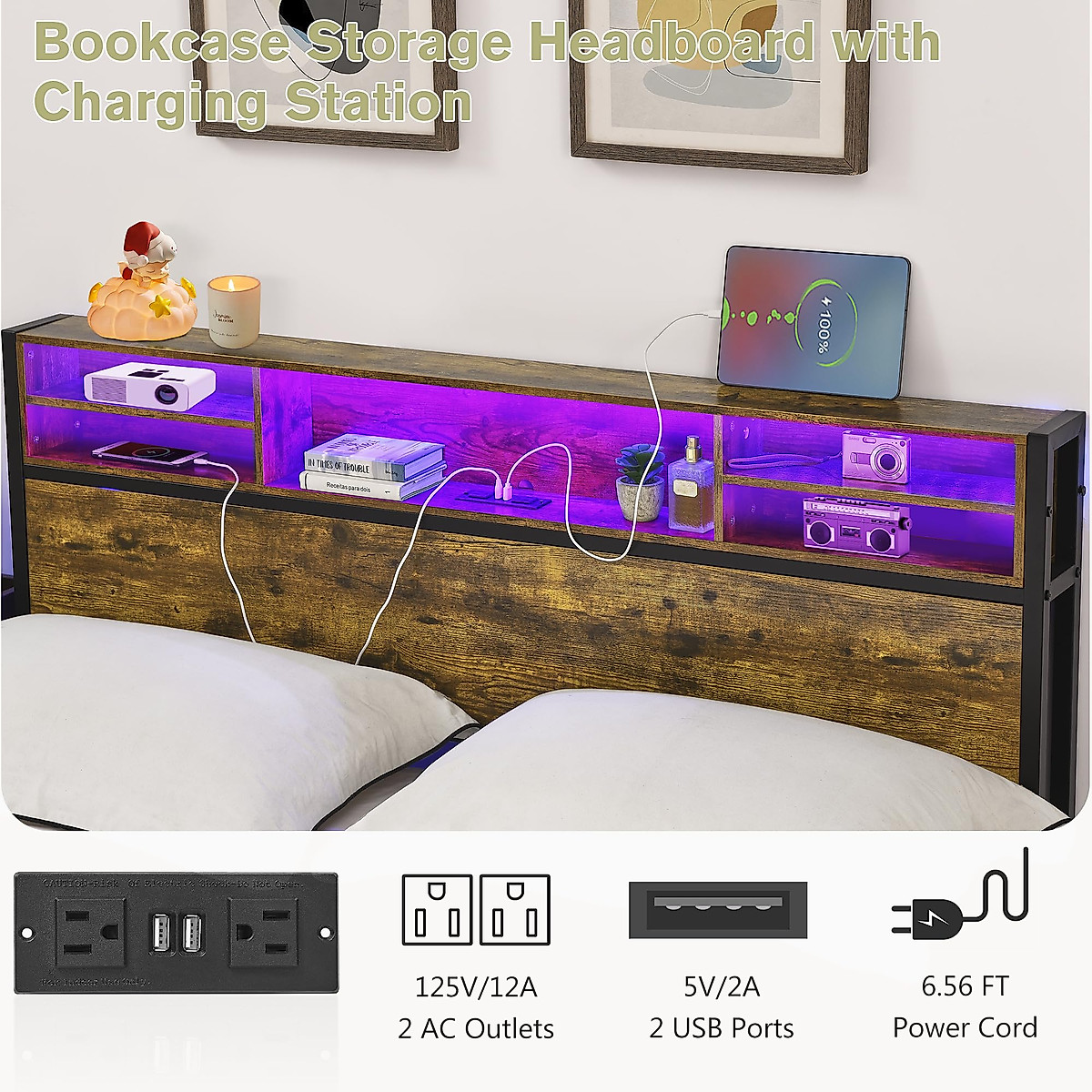 Full Size Bed Frame with Charging Station and Led Lights, Metal Platform Bed with Bookcase Storage Headboard, Heavy Duty Metal Slats, No Box Spring Needed, Easy Assembly, Noise-Free