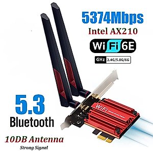 Teday 10DB Antennas WiFi 6E PCIE Adapter Intel AX210 Bluetooth 5.3 Wireless 5374Mbps 2 in 1 Tri Band 2.4G/5G/6Ghz WiFi 6 Network Card for PC Desktop Windows 10 11