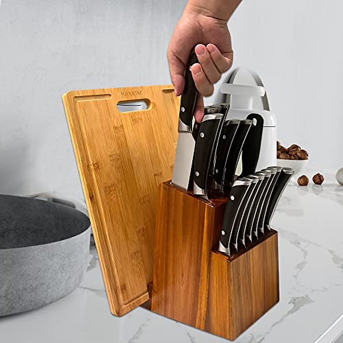Wood Knife Block Set, 18 Pieces Kitchen Knife Set With Acacia Wood Knife Block, Cutlery With Knife Sharpener&14 Knives, Shear and 1pcs Bamboo Cutting Board Included For Kitchen…